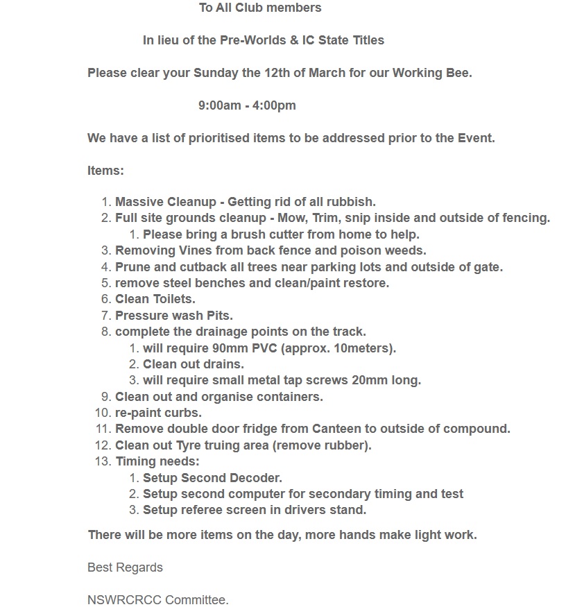 Working Bee Sunday 12th – NSWRCRCC